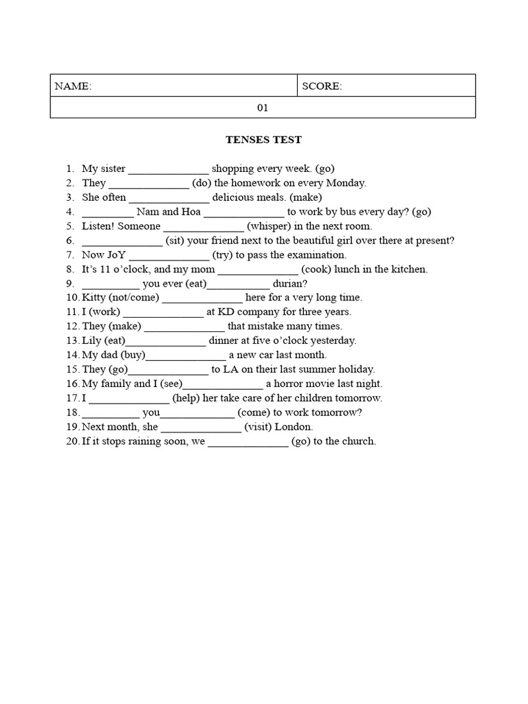 Tenses Test for English Learners | PDF