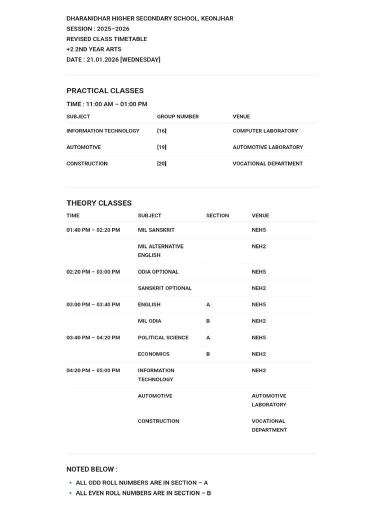 Revised Class Timetable 21.01.2026 | PDF