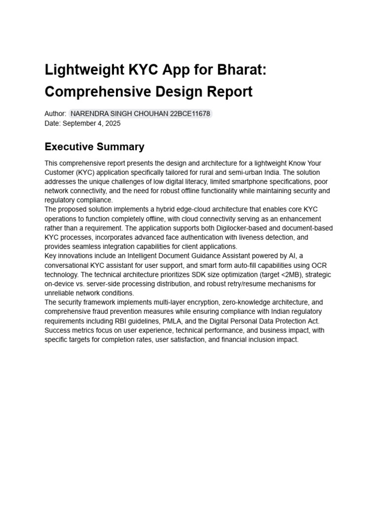 Lightweight KYC App for Bharat_ Comprehensive Design Report | PDF ...