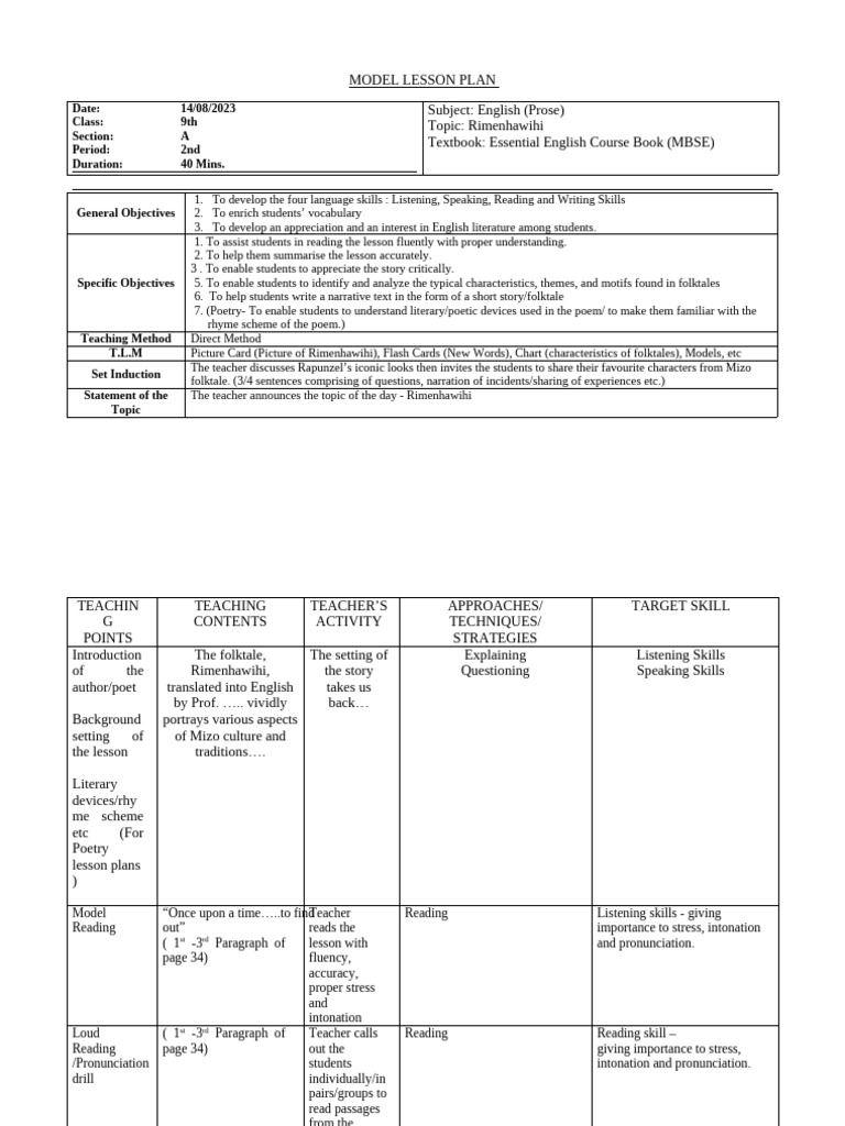 9th Grade English Lesson Plan: Rimenhawihi | PDF | Poetry | Lesson Plan