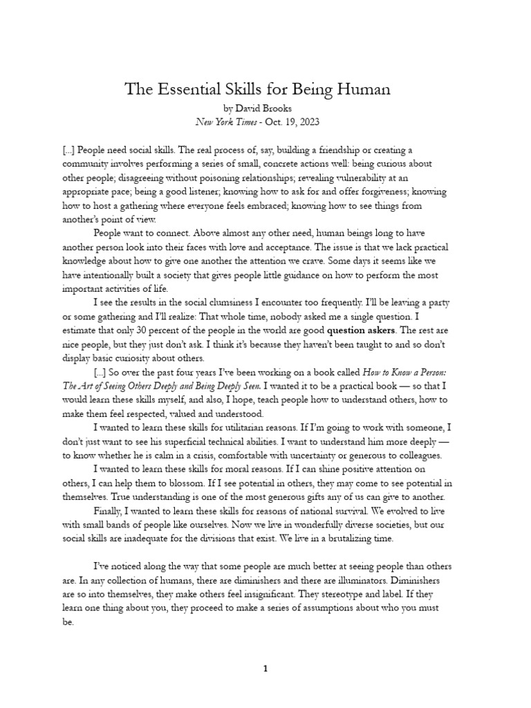 The Essential Skills For Being Human - David Brooks | PDF ...