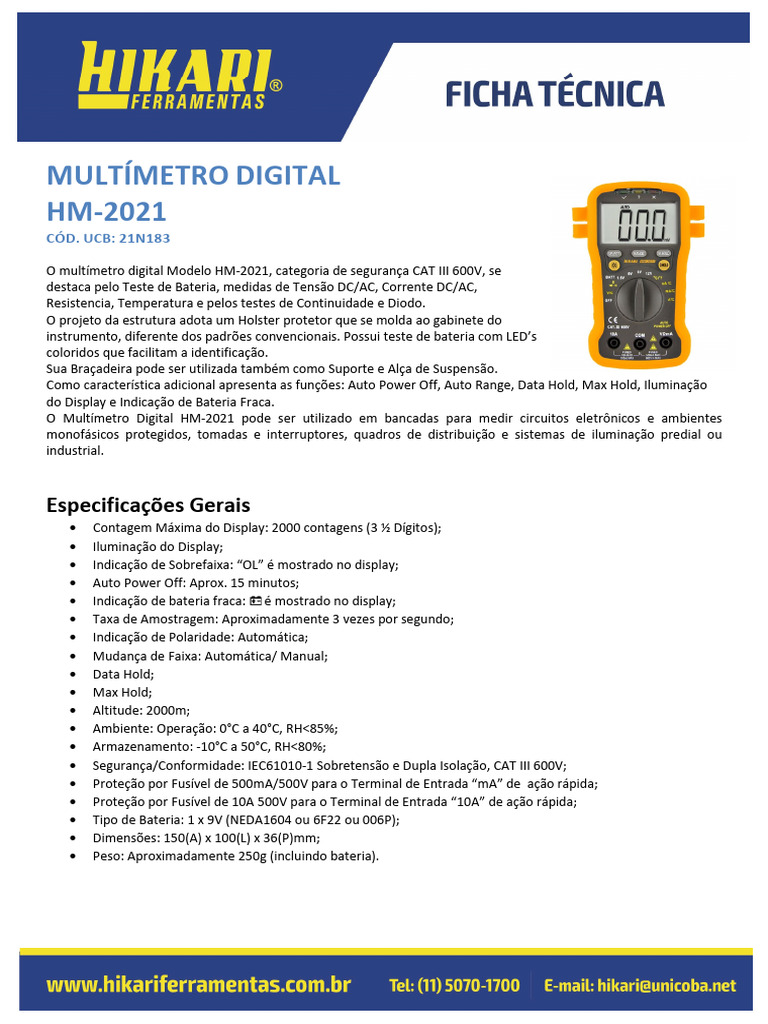 Multímetro Digital HM-2021: Especificações e Funções | PDF | Energia ...