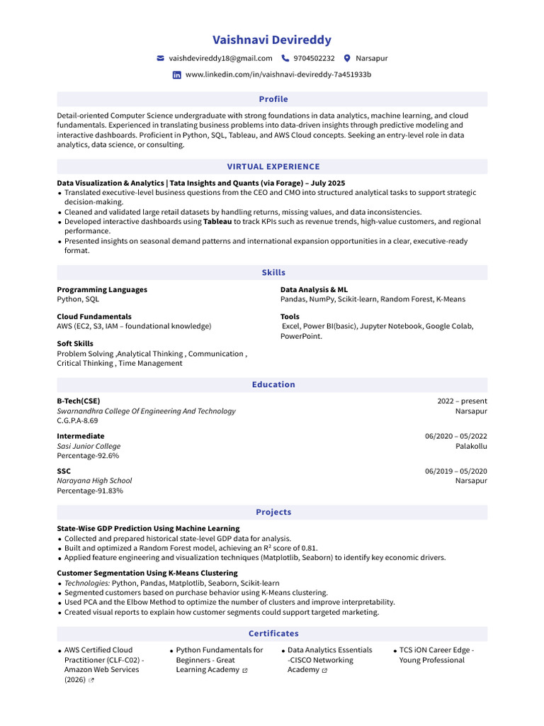 Data Analytics Resume of Vaishnavi Devireddy | PDF | Analytics | Amazon ...