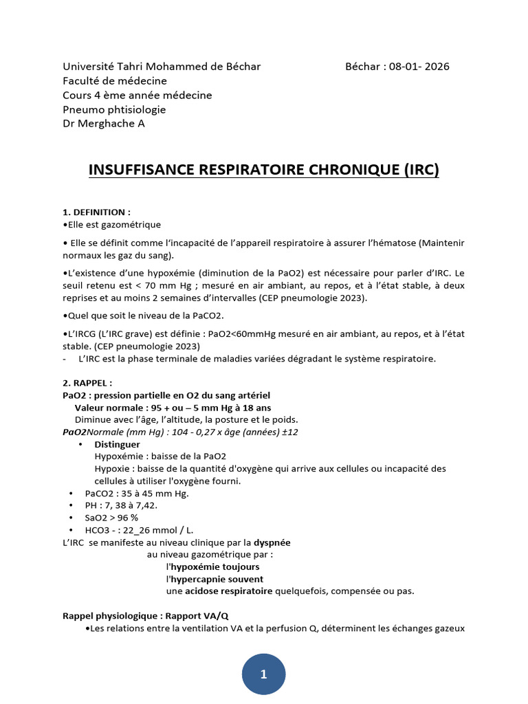 Insuffisance Respiratoire Chronique : Définition et Étiologies | PDF ...