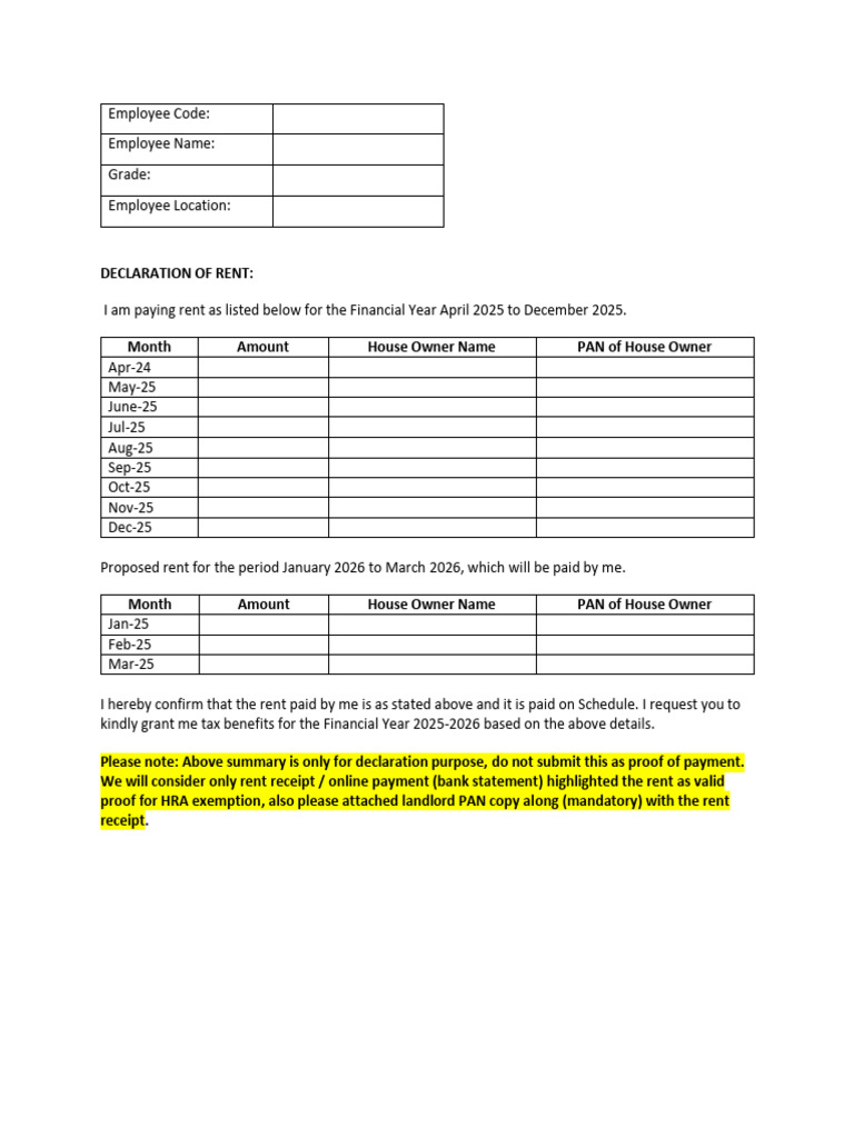 Employee Rent Declaration for Tax Benefits | PDF