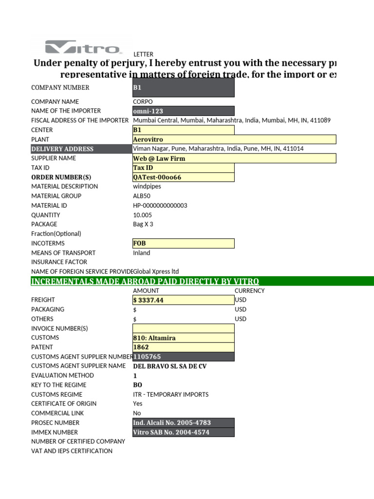 Incrementals Made Abroad Paid Directly by Vitro: Company Number | PDF ...