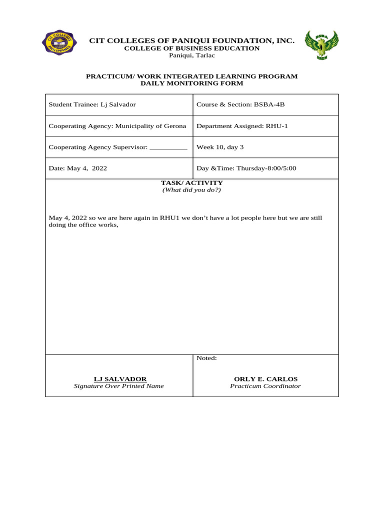 May4Practicum Monitoring Form | PDF