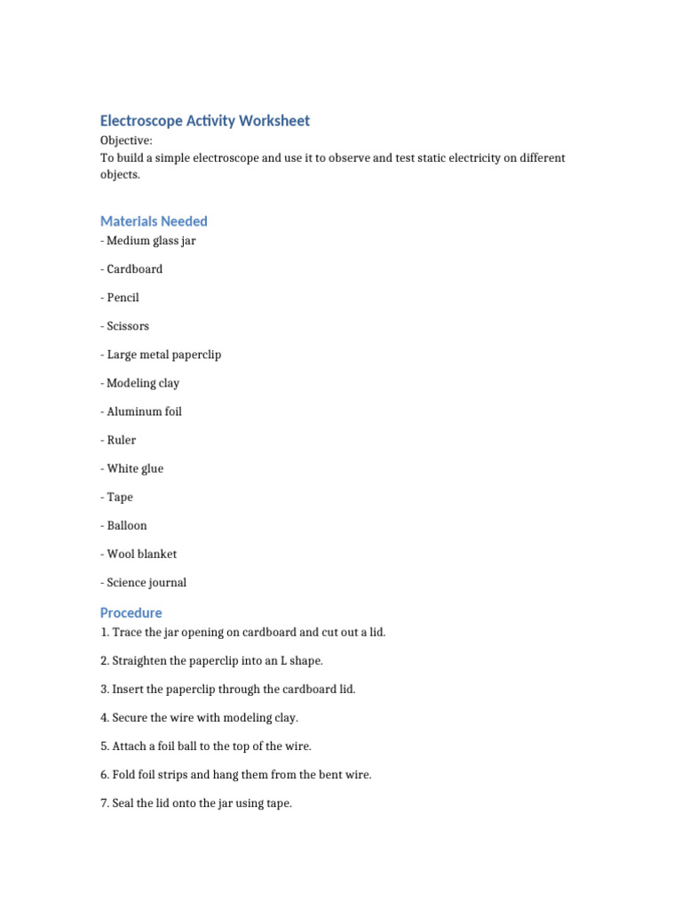Electroscope Worksheet | PDF