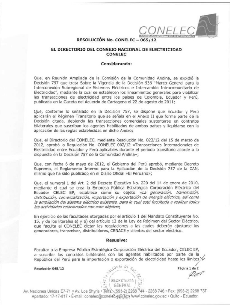 Resolucion CONELEC 065 12 | PDF