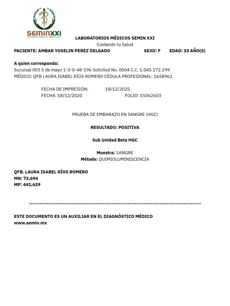 Laboratorios Medicos Semin Xxi Ambar Yoselinperez Delgado 1090842 | PDF