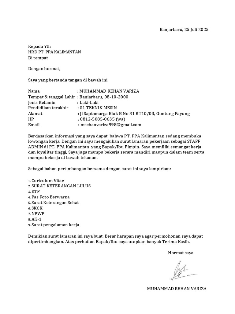 Lamaran Kerja Staff Admin PT PPA Kalimantan | PDF
