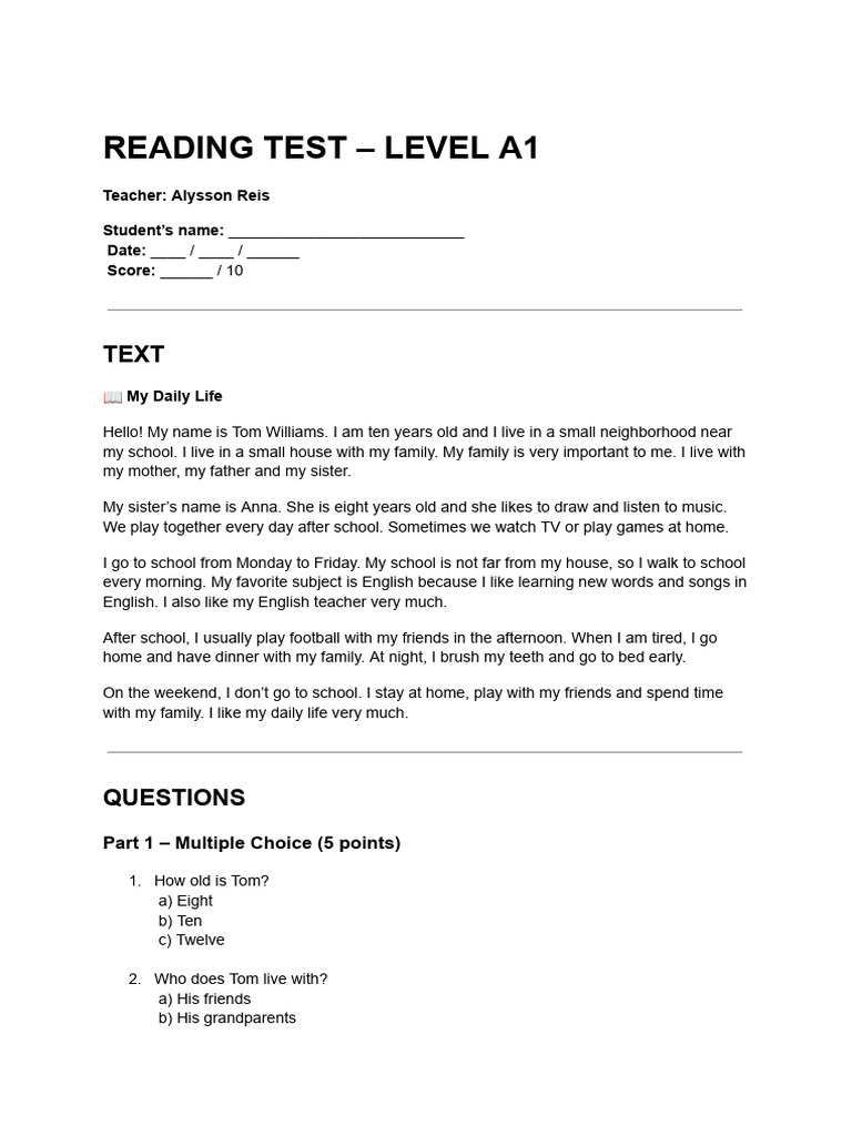 Reading Test - Level A1 | PDF