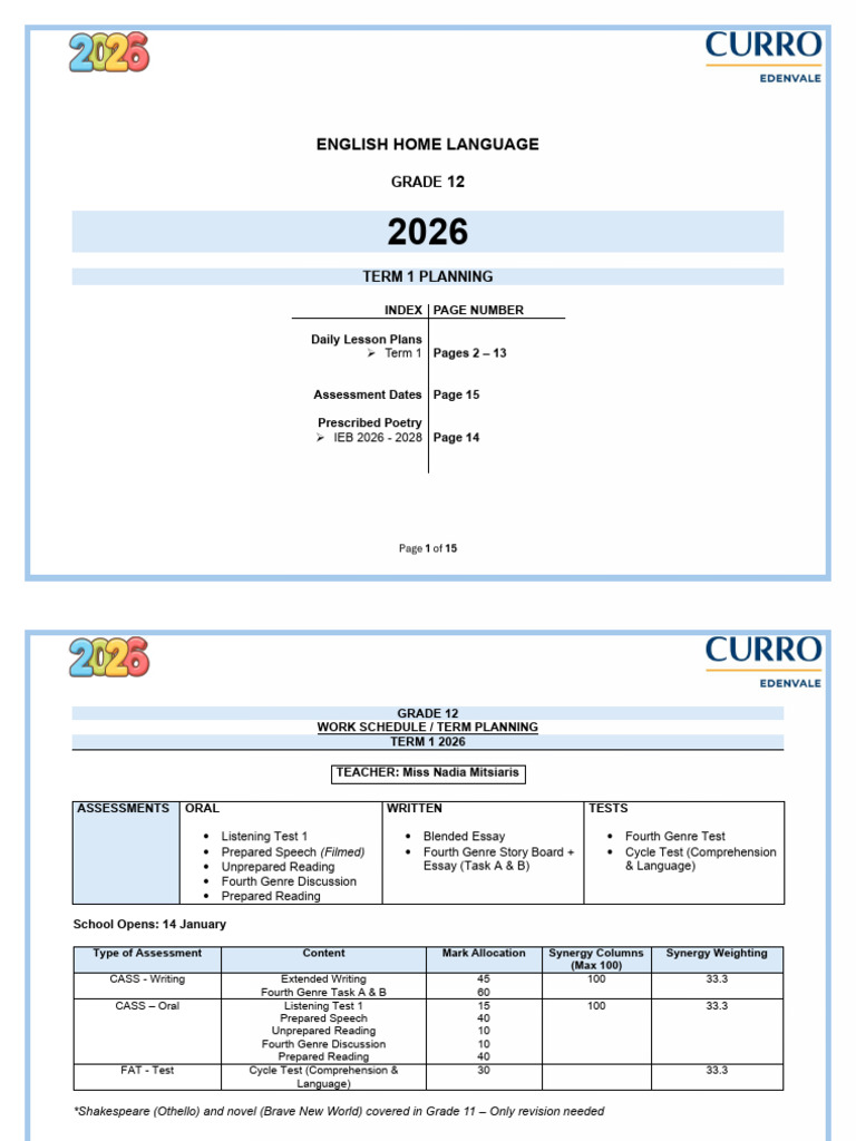 Grade 12 English Term 1 Planning 2026 | PDF | Essays | Poetry