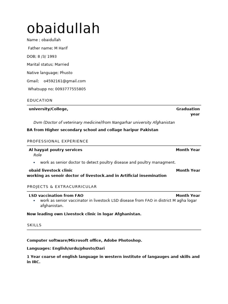 Veterinary Doctor Profile: Obaidullah | PDF