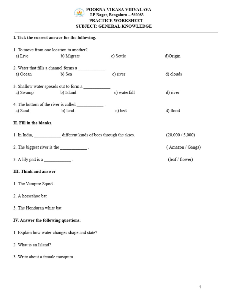 GK Practice Worksheet | PDF
