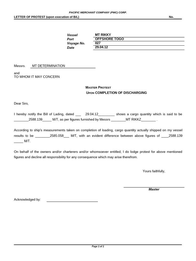 LETTER OF PROTEST (Upon Execution of B L) | PDF