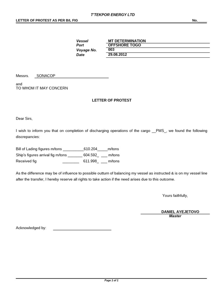 LETTER of PROTEST (For Ship's Experience Factor) | PDF