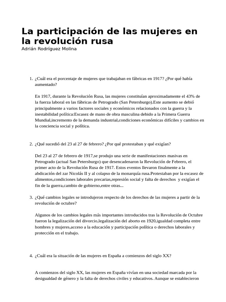 La Participaci%C3%B3n de Las Mujeres en La Revoluci%C3%B3n Rusa | PDF