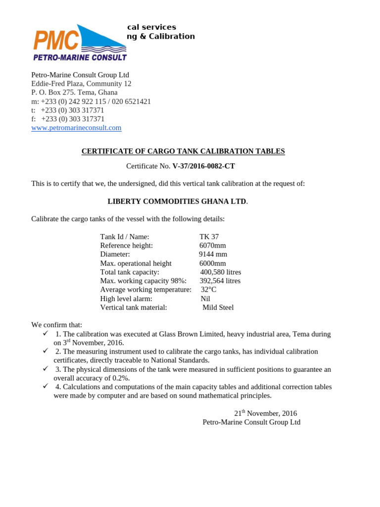 PMC Tank Calibration Chart Template | PDF | Calibration | Physical ...
