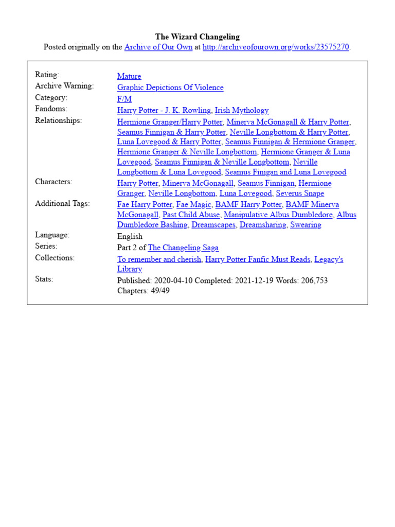 The Wizard Changeling: A Harry Potter Fanfic | PDF | Harry Potter