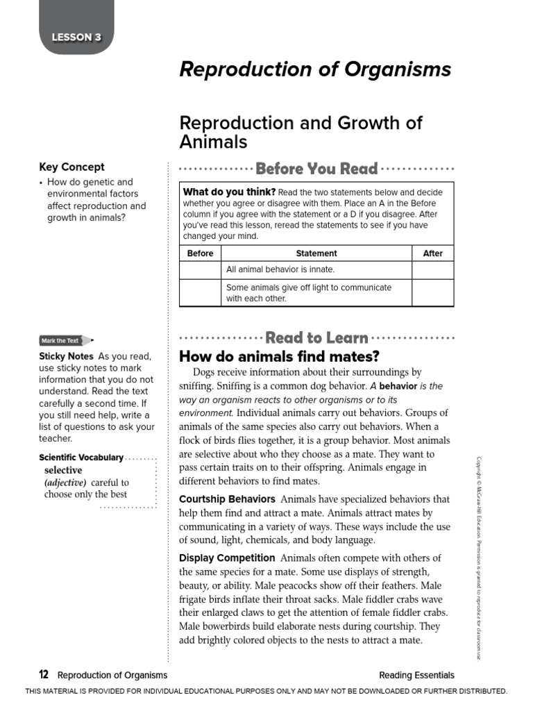 Lesson 3 Reproduction and Growth of Animals | PDF | Mating | Reproduction