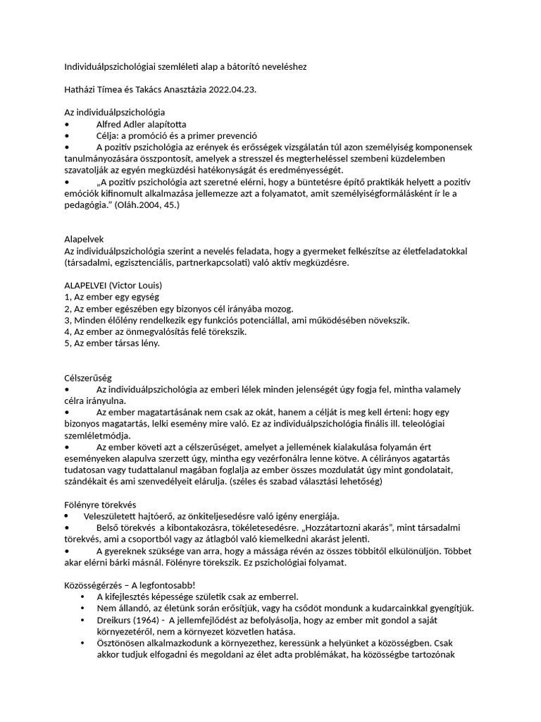 Individuálpszichológiai Szemléleti Alap - HT&TA | PDF