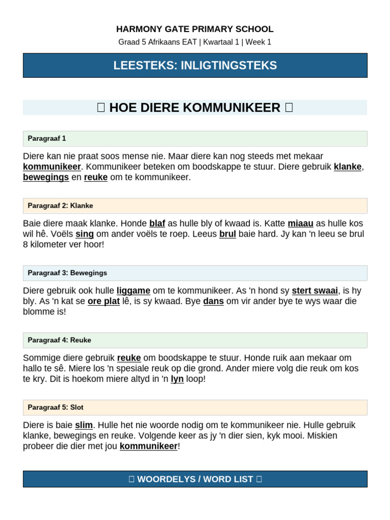 Graad5 Afrikaans Leesteks Diere Kommunikeer | PDF