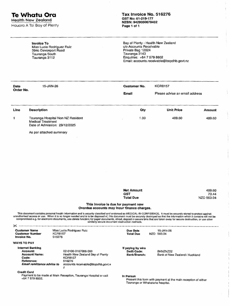 Tauranga Hospital Invoice for Non-Residents | PDF | Intensive Care Unit ...