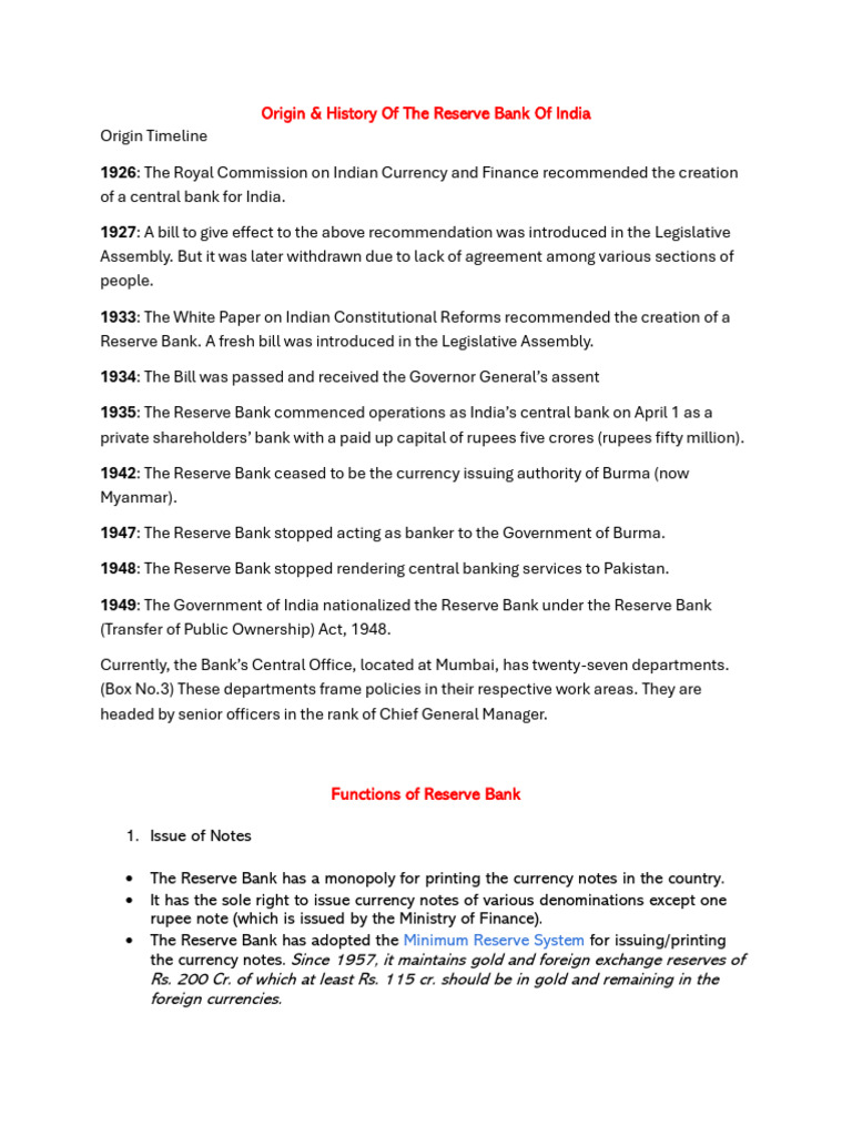 History and Functions of RBI | PDF | Reserve Bank Of India | Central Banks