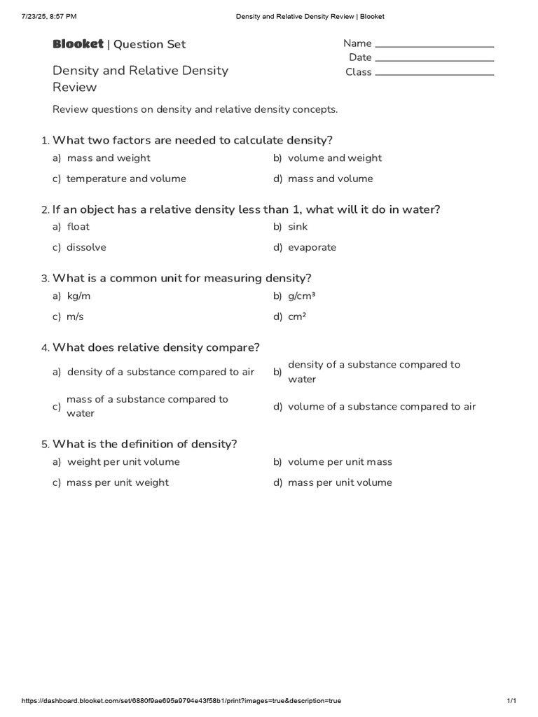 Density and Relative Density Review - Blooket | PDF