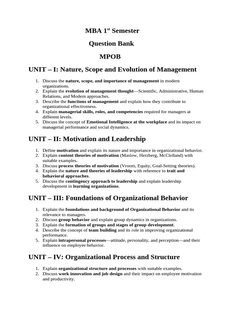MBA 1st Semester Ques Bank MPOB | PDF