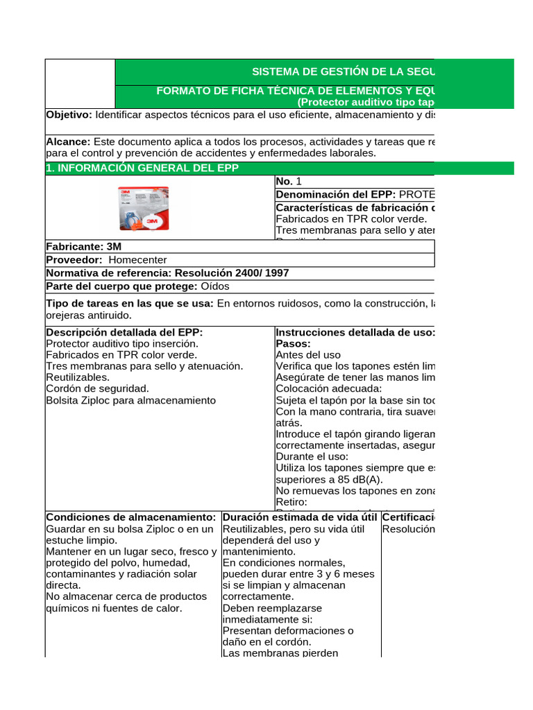 54. FICHA TECNICA EPP PROTECTOR AUDITIVO TIPO TAPÓN | PDF | Oído