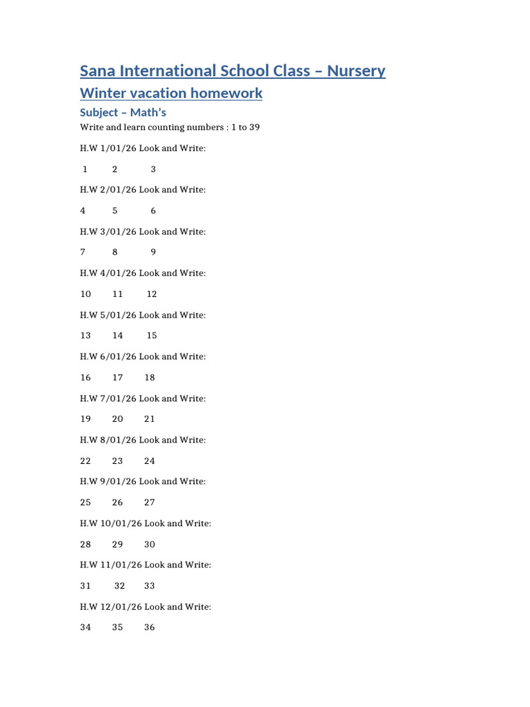 Nursery Math Homework: Count 1-39 | PDF