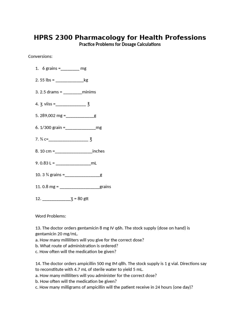 Dosage Calculation Practice Problems | PDF | Dose (Biochemistry ...