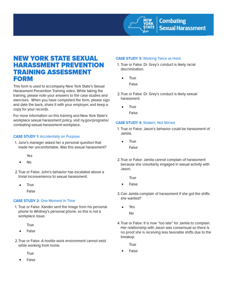 Ny Sexual Harassment Training Assessment Pdf Sexual Harassment