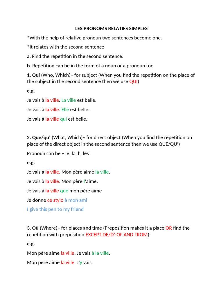 Guide des pronoms relatifs simples | PDF