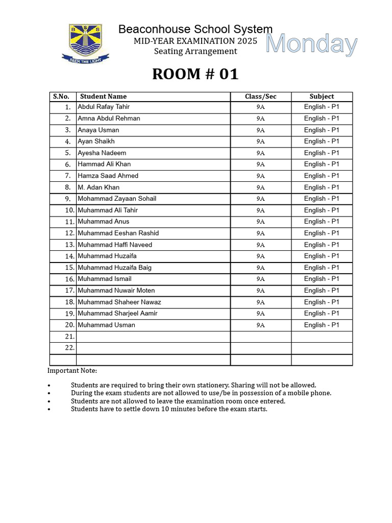 Beaconhouse 2025 Mid-Year Exam Seating | PDF