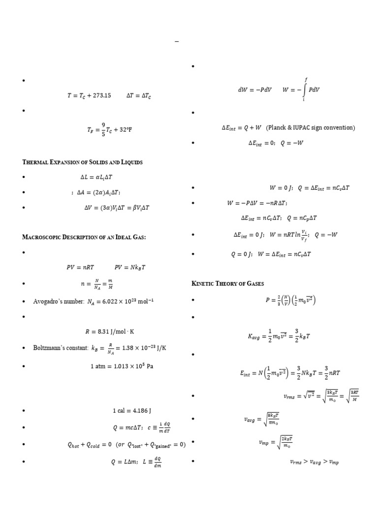 Formula Sheet - Thermodynamics-1 | PDF | Temperature | Gases