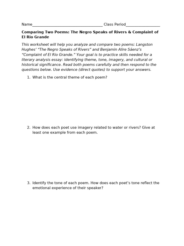 Comparing Two Poems The Negro Speaks of Rivers & Complaint o | PDF