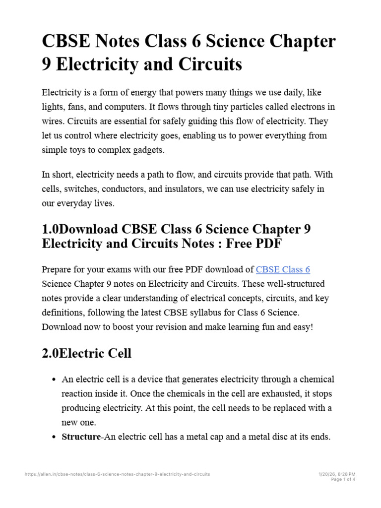 CBSE Class 6 Science: Electricity Notes | PDF | Electricity ...