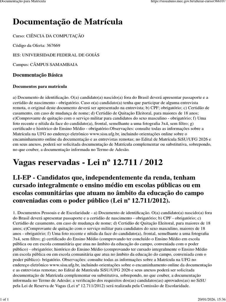 Documentos Necessários para Matrícula UFG | PDF