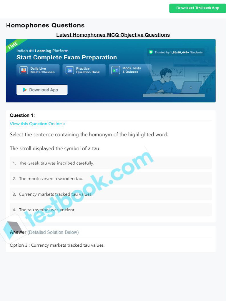 MCQ On Homophones 5eea6a0e39140f30f369e3b6 | PDF