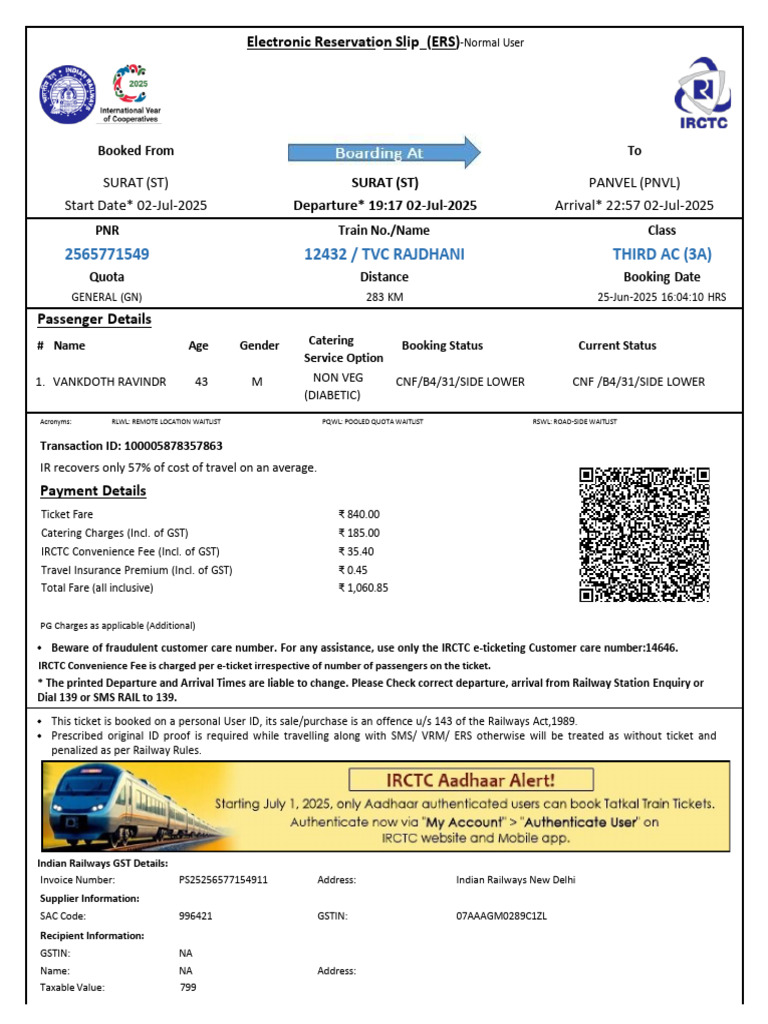 Surat to Panvel Train Booking Details | PDF | Identity Document | Payments