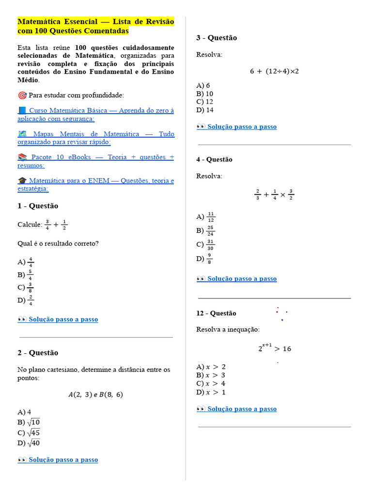 Revisão de Matemática: 100 Questões Comentadas | PDF | Matemática | Metro