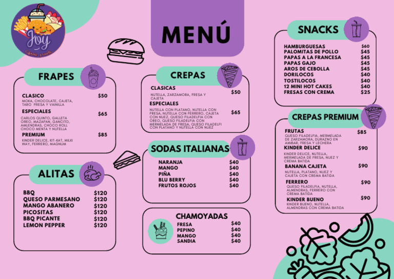 Menú Horizontal Restaurant Ilustrado Amarillo y Celeste | PDF | Frutas ...