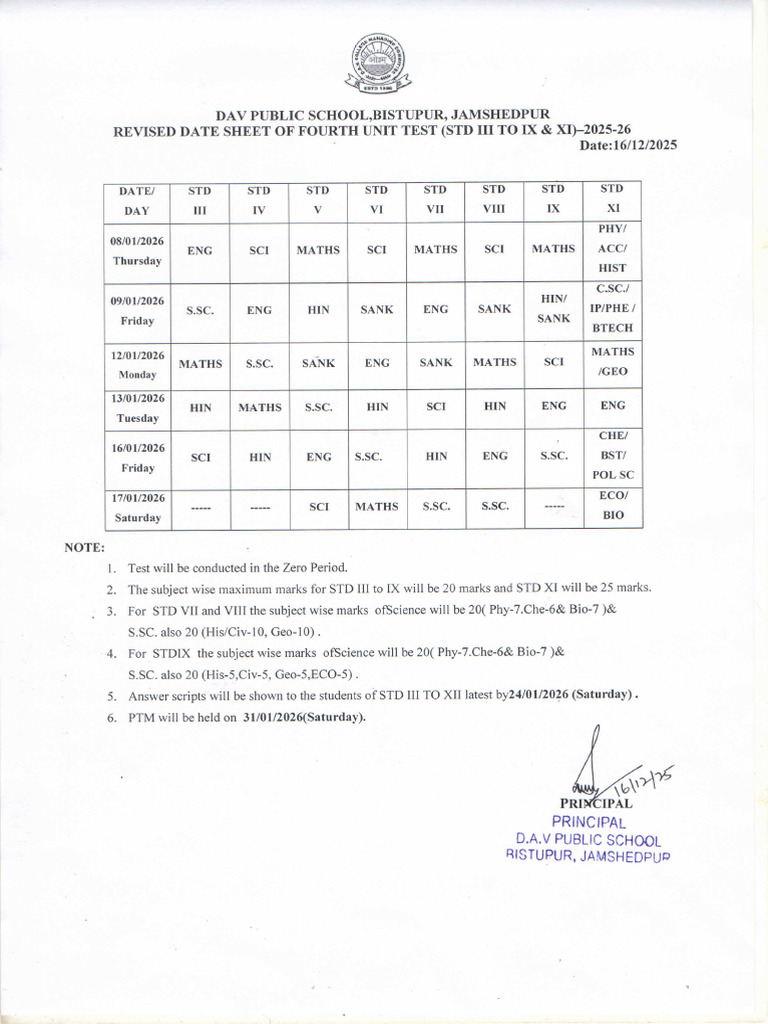 Revised Date Sheet-4th Unit Test-III to IX & XI | PDF