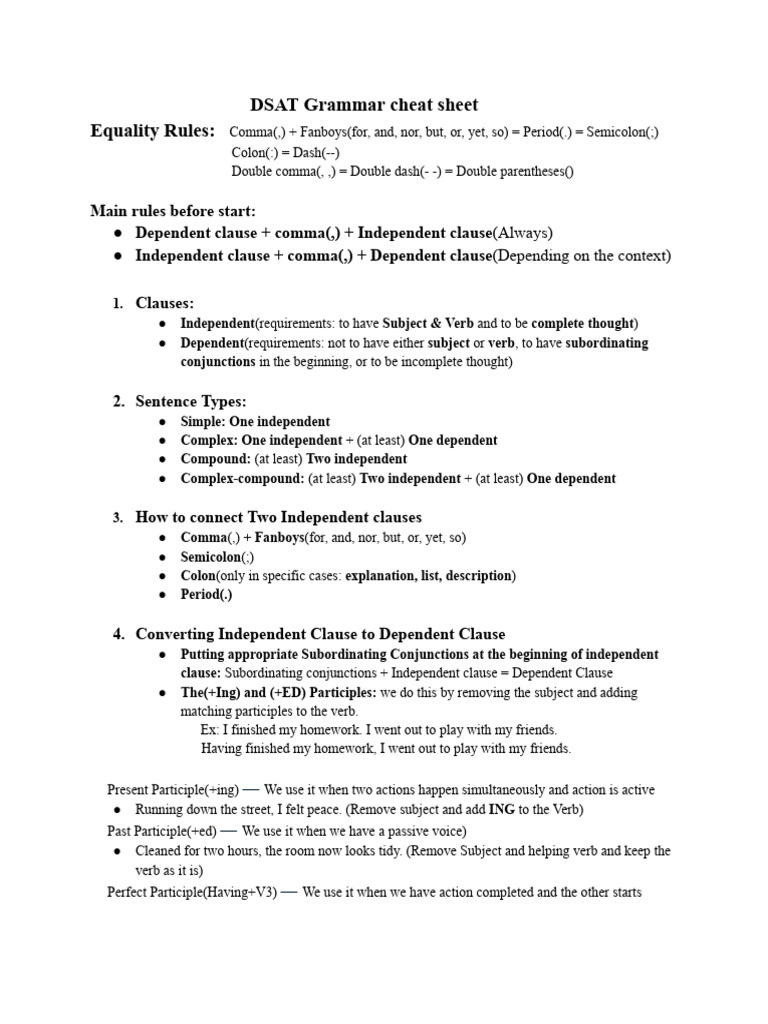 DSAT Grammar Cheat Sheet | PDF | Subject (Grammar) | Verb