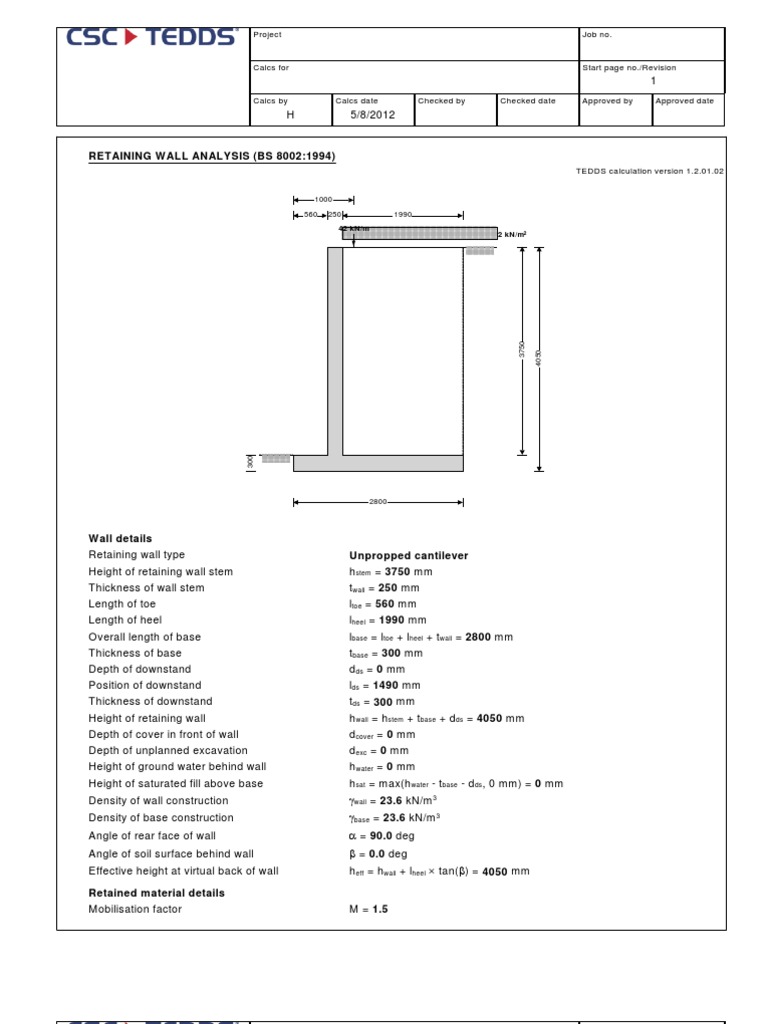 Retaining Wall Design Analysis BS 8002 | PDF | Science & Mathematics