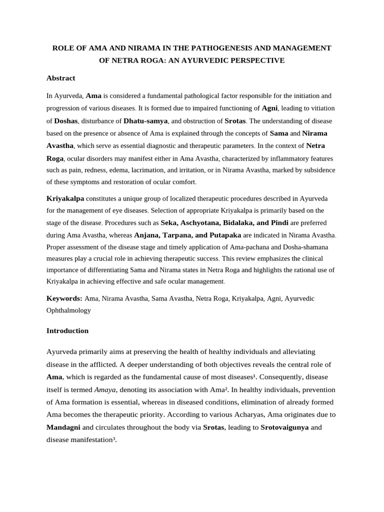 Role of Ama and Nirama in The Pathogenesis and Management of Netra Roga ...