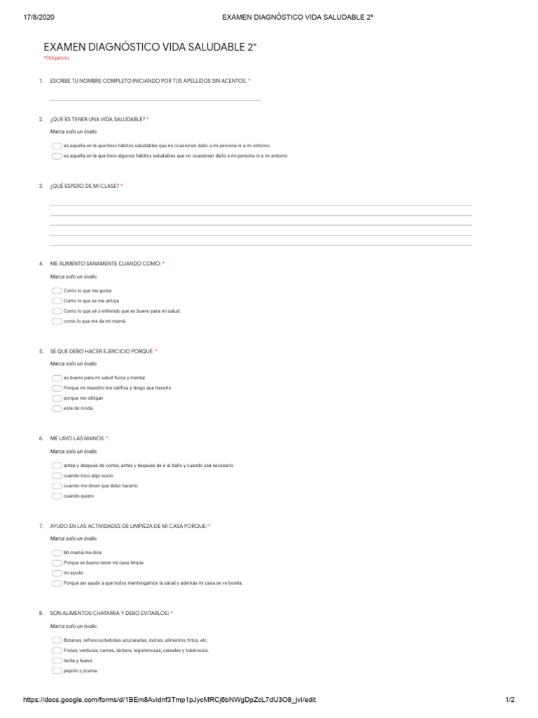 EXAMEN DIAGNÓSTICO VIDA SALUDABLE 2° - Formularios de Google | PDF